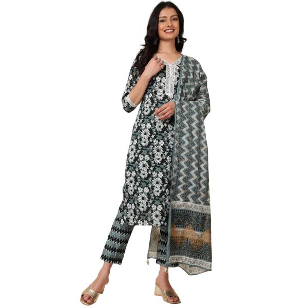 商品名: Bani レディース ネック刺繍プリントクルタデュパッタセット, グリーン, Small Bani Women Pure Cotton Kurta Set with Pant &amp; Dupatta Ethnic Tradit...