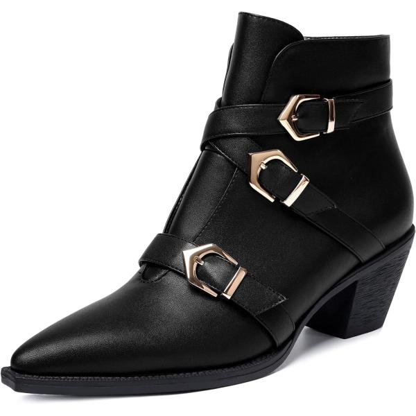 商品名MERRORI Women's Mid Heel Fashion Matte Chunky Pointed Toe Zip School 2.5 Inch Ankle High Solid Boots Black Size 8 - Z...