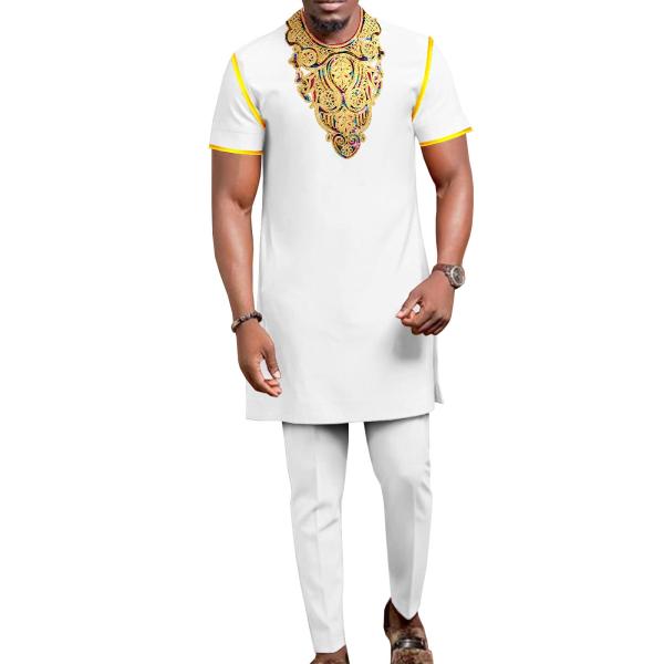 商品名:  African Suits for Men Embroidery Short Sleeve Shirts and Pants 2 Piece Set Dashiki Kaftan White XX-Largeブランド: Priv...