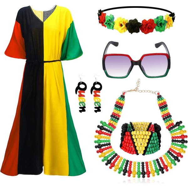 商品名Mepase 7ピース Juneteenth Day レディース アフリカジャマイカセット 木製イヤリング ラスタビーズネックレス スクエアサングラス ビーズジャマイカブレスレット フラワークラウン ストレッチヘッドバンド ビキニカバ...