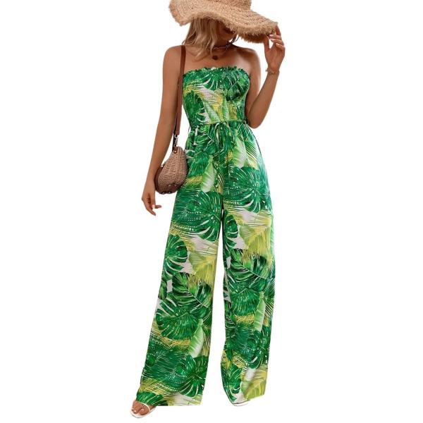 商品名:  chouyatou Women's Tropical Wide leg Smocked Jumpsuit Floral Print Strapless Bandeau Vacation Romper Pants (Large, ...