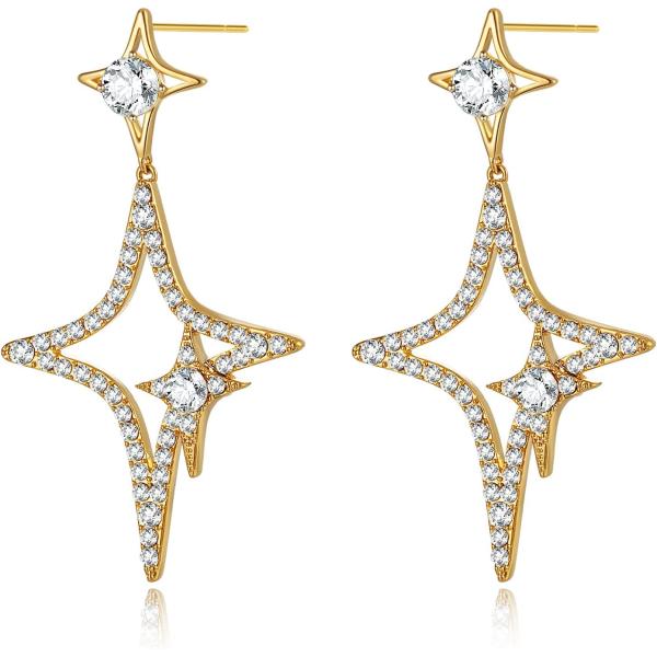 商品名ゴールドフォーポイントスターダングルイヤリング レディース - 925スターリングシルバージルコニアイヤリング トレンディでステートメントなゴールドダイヤモンドドロップイヤリング レディース ガールズ ジュエリーギフト, シルバー, ...