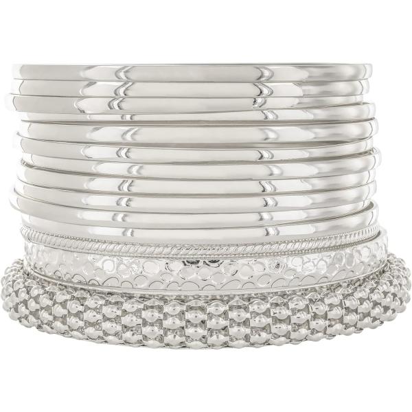 商品名And Lovely プラスサイズ 14Kゴールドまたはロジウムメッキ マルチテクスチャバングルブレスレット - 15個セット, 金属, 宝石なし。And Lovely Plus Size Rhodium Plated Multi T...