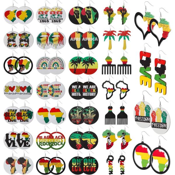 商品名Estune 32組 Juneteenth アフリカンイヤリング アフリカ地図 レディースイヤリング エスニックダングル木製イヤリング 女性用 ブラック歴史イヤリング ステートメントペイントアフリカジュエリー レディース ガールズ (...
