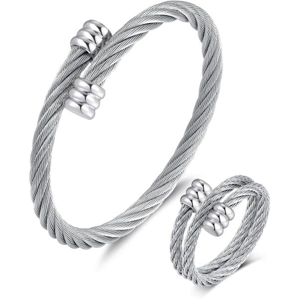 商品名Tiyad ツイストワイヤーケーブルブレスレット オープンカフバングルブレスレットとケーブルリング ファッションブランドデザイナー 調節可能なステンレススチールブレスレット ジュエリーセット レディース ティーン ガールズ, ステンレ...