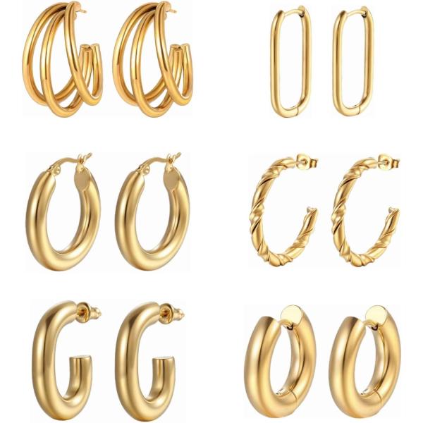 商品名ゴールドフープピアス 6ペア レディース 14Kイエローゴールドメッキ カーブチャンキーCフープイヤリング ガールズ 友情 誕生日ジュエリーギフト, 亜鉛, 宝石なし6 Pairs Gold Hoop Earrings for Wom...