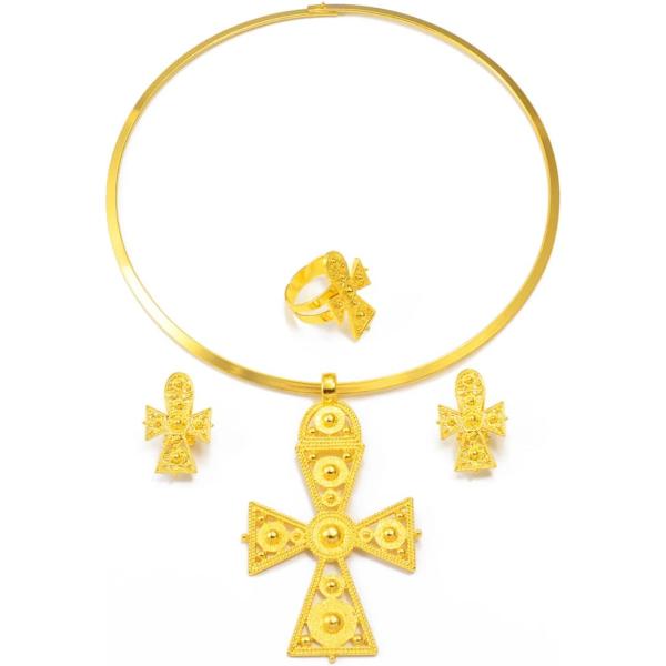 商品名N-Made 美しいエチオピアジュエリーセット 女性用アフリカジュエリーセット エチオピアビッグクロスジュエリーセット チョーカー ペンダント イヤリング リング ゴールドカラー アフリカ エリトリア 伝統的なウェディング, 亜鉛, ...