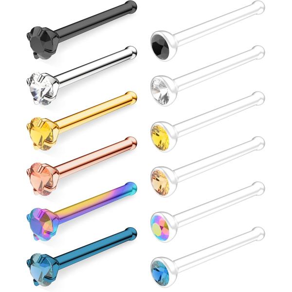 商品名BELATTI ノーズリング 12個 男女兼用 2mm キュービックジルコニア - 生体適合性 クリアプラスチック&amp;スチール ノーズスタッドゲージ ストレートバーセット - 低刺激性 バイオフレックス クリアノーズピアス ジュ...