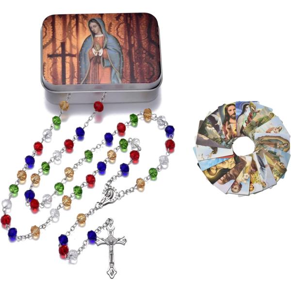 商品名SZQCZB メタルボックスと聖なるカード付き 6mm ロザリオ ビーズ カトリックネックレス、初聖体拝領ギフト カトリック、Our Rose Lourdes メダルと十字架ネックレス-11SZQCZB With Metal Box ...