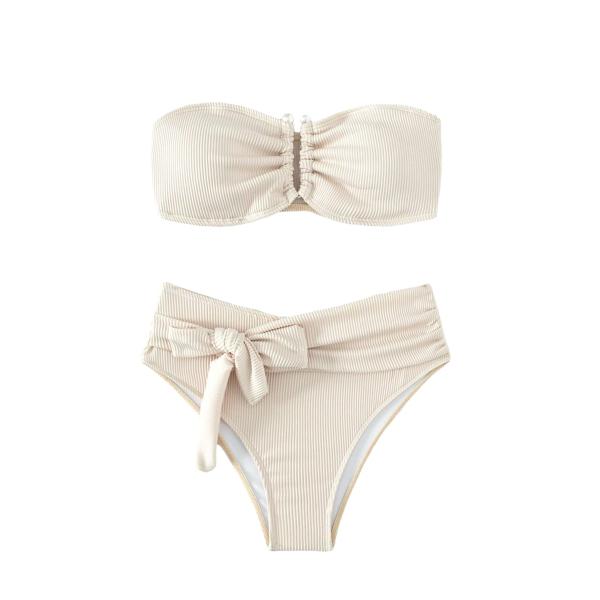 商品名:  WDIRARA Women's 2 Piece Bikini Set Rib Knit Strapless Knot Front High Waist Swimsuit Set Apricot Mブランド: WDIRARA商品サ...