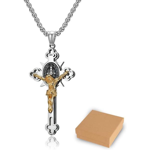 商品名Kcsznk ST.Benedict Protection Cross Power Pendant Necklace, Religion Stainless Steel Crucifix Pendant Necklace Jewelr...