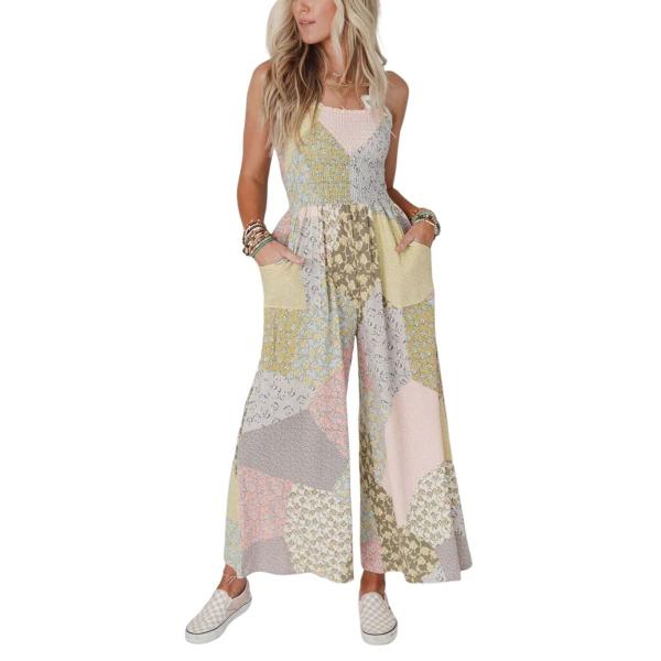 商品名:  chouyatou Women's Wide Leg Smocked Jumpsuit Color Block Floral Print Sleeveless Romper Pants (X-Large, Green Yello...