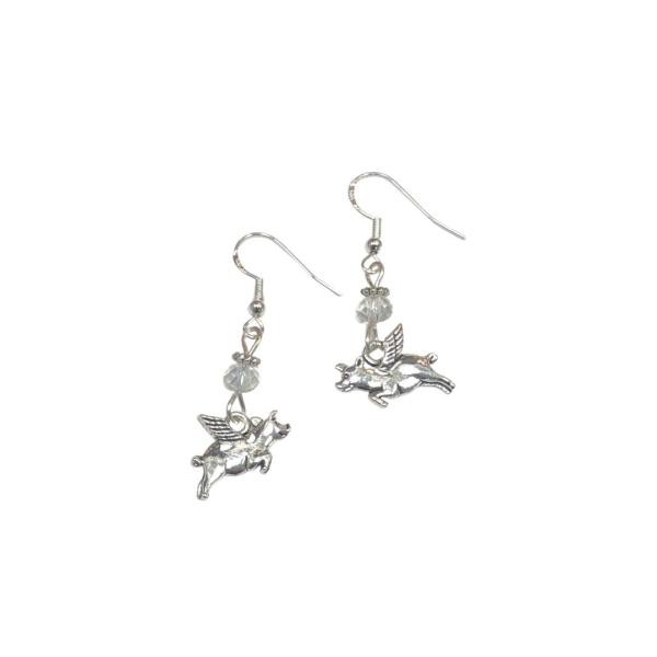 商品名Flying Pig Charm Earrings, pigs can fly, accented with clear faceted crystal accent bead, on sterling silver earwires...
