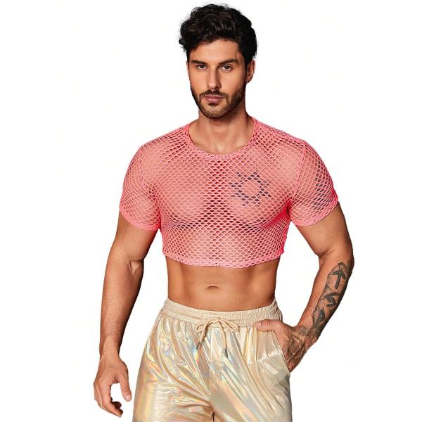 商品名:  WDIRARA Men's Fishnet Mesh Tee Shirt Round Neck Short Sleeve Crop Top Hot Pink XLブランド: WDIRARA商品サイズ: X-Large高さ: 30...