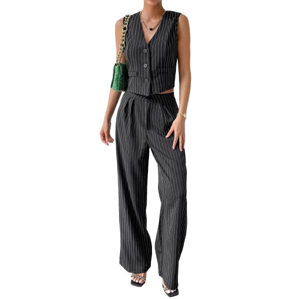 商品名: WDIRARA レディース ツーピース アウトフィット ストライププリント ボタンフロント Vネック ベストブレザー プリーツワイドレッグパンツ, ブラック, Medium WDIRARA Women's 2 Piece Outf...