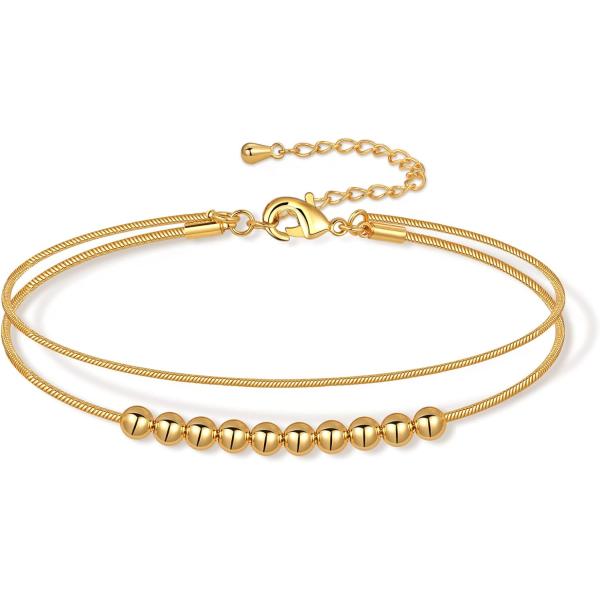 商品名Cowlyn ゴールドレイヤードアンクル18Kゴールドスネークリンクサテライトビーズチェーン 華奢なサマービーチ ボーホー 調節可能なフットジュエリー レディース ガールズ, 8.2 inches + 2 inch extender,...