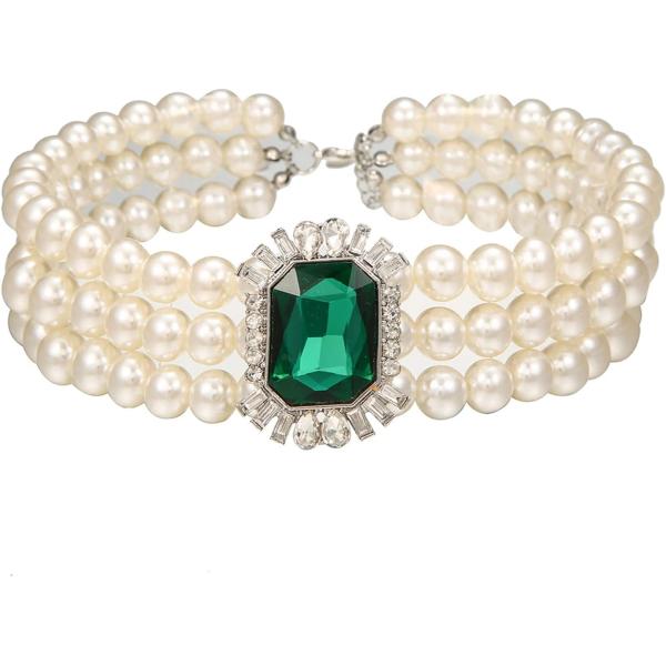 商品名パールチョーカーネックレス レディース ガールズ - 3層ホワイトイミテーションパール 高級ラインストーンクリスタルチャーム ショートチェーンカラー ジュエリー コスチューム アクセサリー ギフト, アクリル, ラインストーンPear...