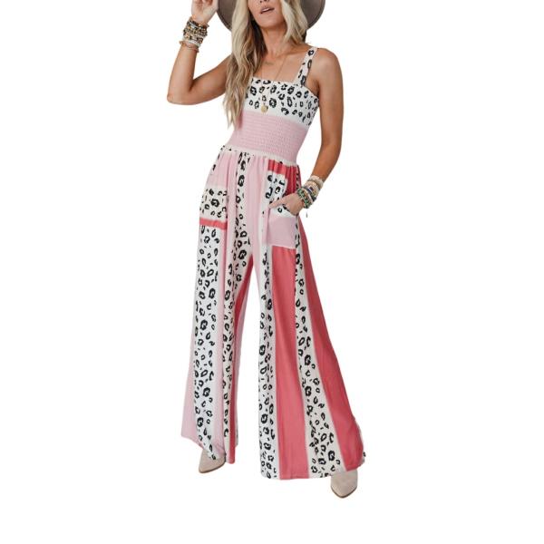 商品名:  Women's Leopard Color Block Mix Print Pocketed Jumpsuit Casual Loose Sleeveless Romper Jumpsuit with Red Mブランド: LE...