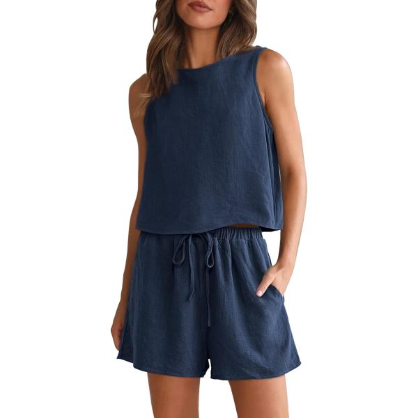 商品名AUTOMET Women 2 Two Piece Outfits Lounge Matching Sets Linen Shorts Set 2024 Trendy Clothes Boho Sleeveless Tops Beac...