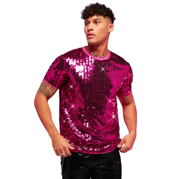 商品名:  WDIRARA Men's Contrast Glitter Round Neck T Shirt Short Sleeve Shirt Regular Sleeve Tee Hot Pink Sequin Mブランド: WDI...