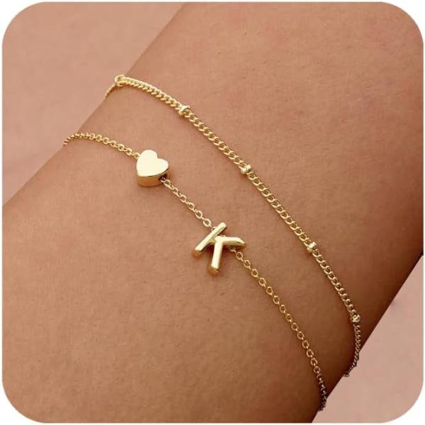 商品名DEARMAY Dainty Gold Charm Bracelets for Women Trendy, 14K Real Gold Initial Heart Letter Bracelet Jewelry Cute Simple...