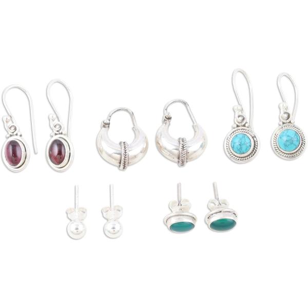 商品名NOVICA Handmade .925 Sterling Silver Garnet Reconstituted Turquoise Onyx Stud Button Gemstone Earrings Earrings 'Gem ...
