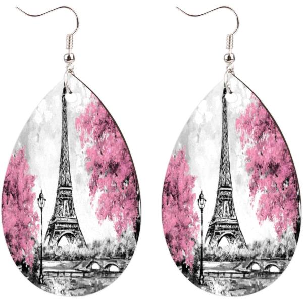 商品名Eiffel Tower Teardrop Earrings for Women Pink Grey Wood Dangle Teardrop Earring Hoop Earrings Lightweight Statement C...