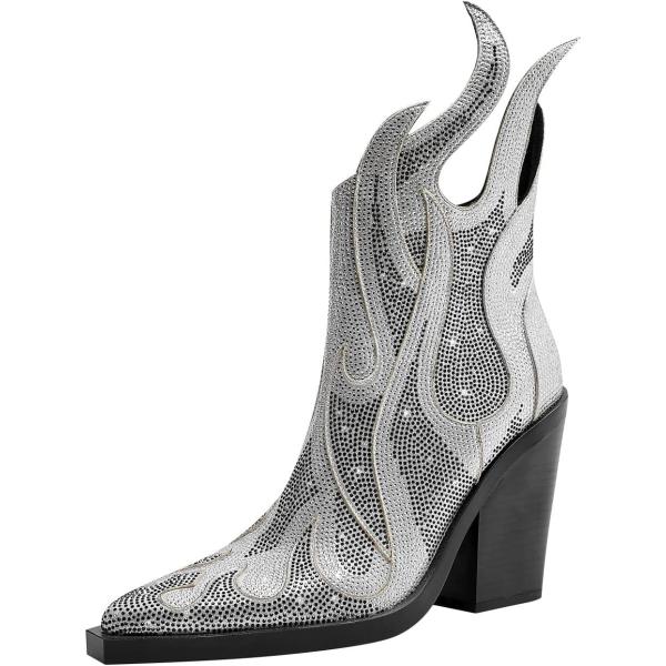 商品名Goolita Sparkly Rhinestone Western Cowboy Boots For Women Pointed Toe Chunky Heel Ankle Boots Fashion Side Zipper Bli...