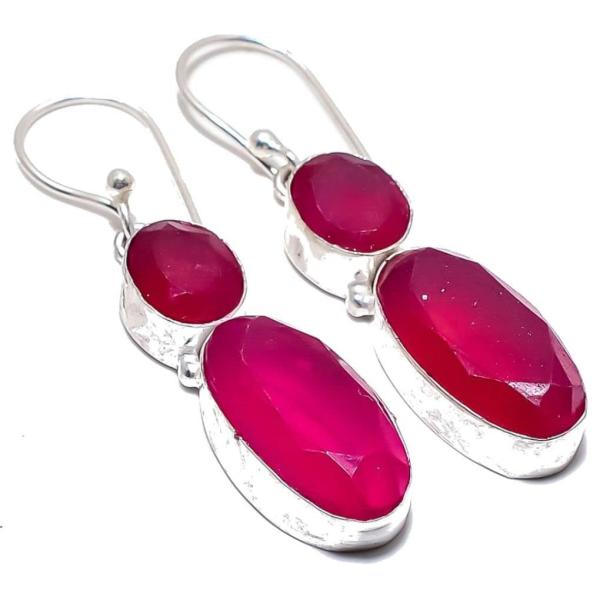 商品名Red Kashmir Ruby Handmade Drop Earrings 2"" Girls Woman's 925 Sterling Silver Plated Jewelry From VACHEEブランド：VACHEE商品...