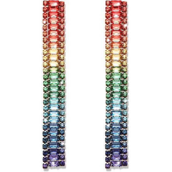 商品名レインボーラインストーンイヤリング 低刺激性 ステートメント スパークル ラインストーン タッセルチェーン ロングダングルイヤリング ファッション ゲイプライド LGBTQ レズビアンイヤリング ボーホー ハンドメイド 幾何学模様 イ...