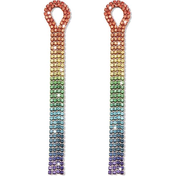 商品名レインボーラインストーンイヤリング 低刺激性 ステートメント スパークル ラインストーン タッセルチェーン ロングダングルイヤリング ファッション ゲイプライド LGBTQ レズビアンイヤリング ボーホー ハンドメイド 幾何学模様 イ...