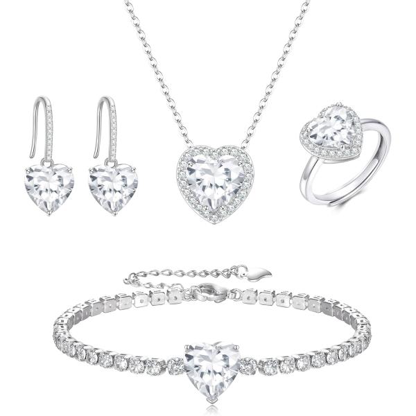 商品名Crysdue ウェディングブライドジュエリーセット レディース キュービックジルコニア ハートペンダントネックレス オープンリングフック ダングルイヤリング テニスブレスレットセット 誕生日 記念日 母の日 クリスマスジュエリー お...