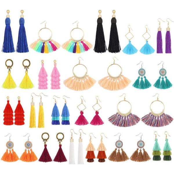 商品名カラフルタッセルピアス 1組 ロングレイヤードスレッドボールダングルイヤリング フープ ボヘミアン タッセル ドロップイヤリング ファッションギフトセット レディース 誕生日パーティー, 金属, 宝石なし1 Pairs Colorfu...