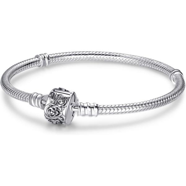 商品名Symretie 925 Sterling Silver Snake Chain Bracelet, Carved Rose Charm Bracelets Fit for Pandora European Bracelets Cha...