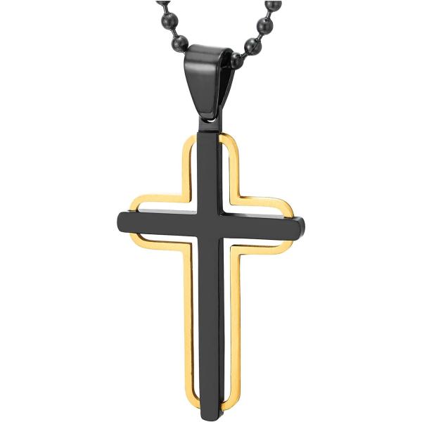商品名COOLSTEELANDBEYOND スチールクロスペンダントネックレス メンズ レディース ミニマリスト 2層 ゴールドとブラックカラー クロス, 合金鋼, 宝石なしCOOLSTEELANDBEYOND Steel Cross Pe...