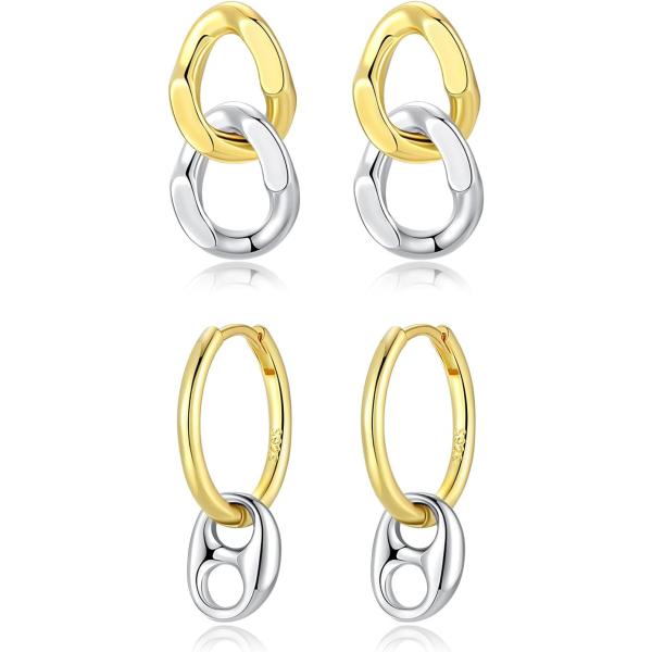 商品名2 ユニークなスタイル ゴールドフープイヤリングとシルバースタッドイヤリングセット レディース チェーンリンクスタッド ドロップイヤリング 14Kゴールドとホワイトゴールドメッキ 低刺激性 チャンキーゴールドイヤリングフープ ギフトジ...