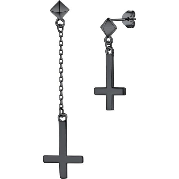 商品名左右非対称逆さまクロスピアス レディース メンズ 悪魔的なジュエリー シルバー/ブラック 925スターリングシルバー ダングルイヤリング クリア/ブラックキュービックジルコニア 低刺激性 ギフトボックス付き, 宝石なしMens Bla...