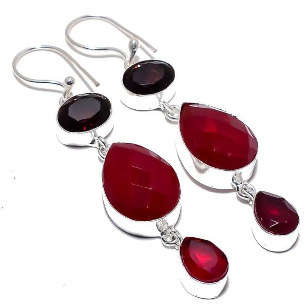 商品名Red Kashmir Ruby, Garnet Quartz Multi-Stone Handmade Drop Earrings 2"" Girls Woman's 925 Sterling Silver Plated Jewel...