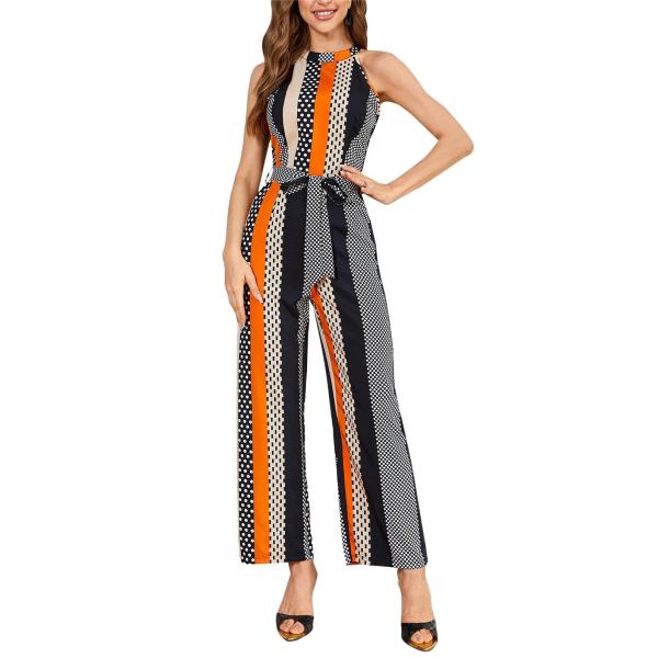 商品名:  WDIRARA Women's Striped Geometric Print Halter Long Romper Wide Leg Belted Jumpsuit Striped Black Mブランド: WDIRARA商品...