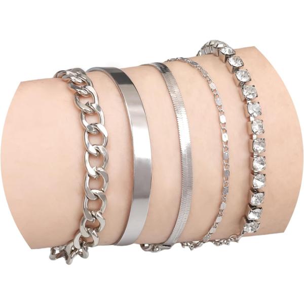 商品名レディース シルバーバングルブレスレット5点セット 積み重ね可能 可憐なブレスレット マルチエレメント ウォータードリルセット ブレスレット 調節可能なキューバリンクチェーン シンプルなシルバーコスチューム ジュエリーギフト メンズ ...