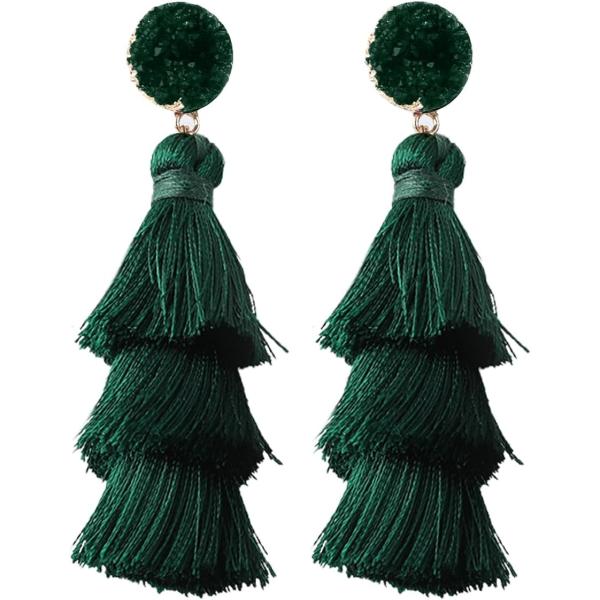 商品名Vine Gems グリーンイヤリング レディース フォレストグリーン タッセルイヤリング 女性用 グリーンダングルイヤリング カラフルなレイヤードタッセル 3段ボヘミアンスタイル フォレストグリーン, One Size Fits M...