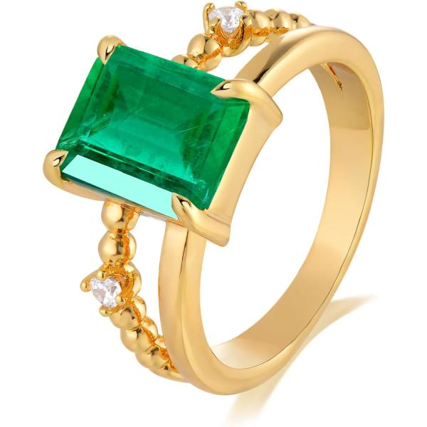 商品名MTMY ゴールド模造エメラルドリング 14Kゴールドメッキ レディース 上品なグリーンリング スタッキングリング ステートメントリングカット 模造エメラルドジェムストーン CZゴールドリング バンドサイズ6~8, 金メッキ。, 合成...