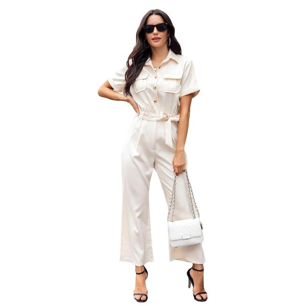 商品名:  WDIRARA Women's Flap Pocket Button Up Belted Short Sleeve High Waist Romper Wide Leg Jumpsuit Beige Mブランド: WDIRARA...
