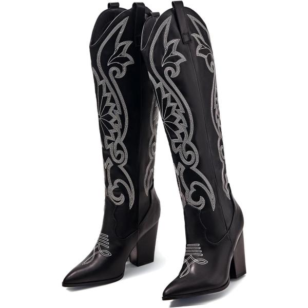 商品名Coutgo Womens Cowboy Knee High Boots Western Cowgirl Embroidered Pointed Toe Chunky Heel Pull On Long Boots Winter Sh...