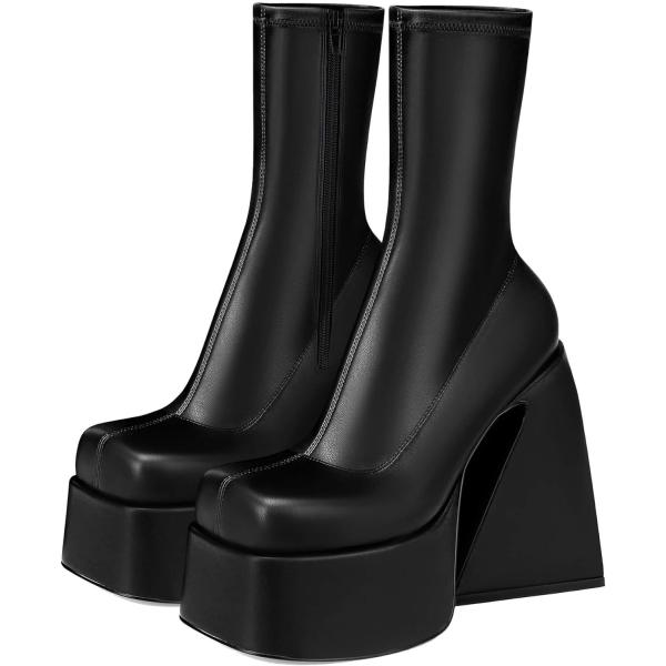 商品名Coutgo Womens Platform Boots Chunky High Heel Mid Calf Booties Y2K Square Toe Dress Party Shoes with Side Zipper, Bla...