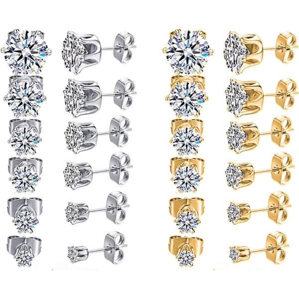 商品名スタッドピアス 12組セット レディース ゴールド シルバー 低刺激性 キュービックジルコニア ステンレススチール スタッドイヤリングセット 男女兼用 3~8mm, キュービックジルコニア, 宝石なし12 Pairs Stud Ear...