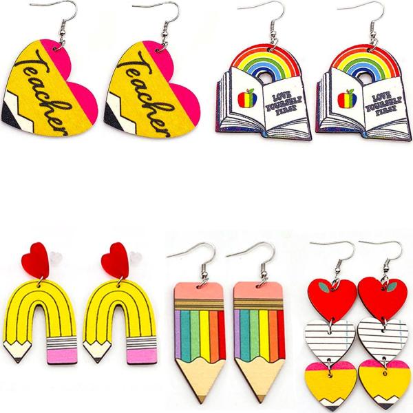 商品名Skyfun 5ペアパック 新学期教師用イヤリング 女性用 楽しい先生用イヤリング 大量 かわいいペイント木製ダングルイヤリング 木製レインボーハートブック 鉛筆イヤリング 先生へのギフトに, 木材, 宝石なしSkyfun Pack ...