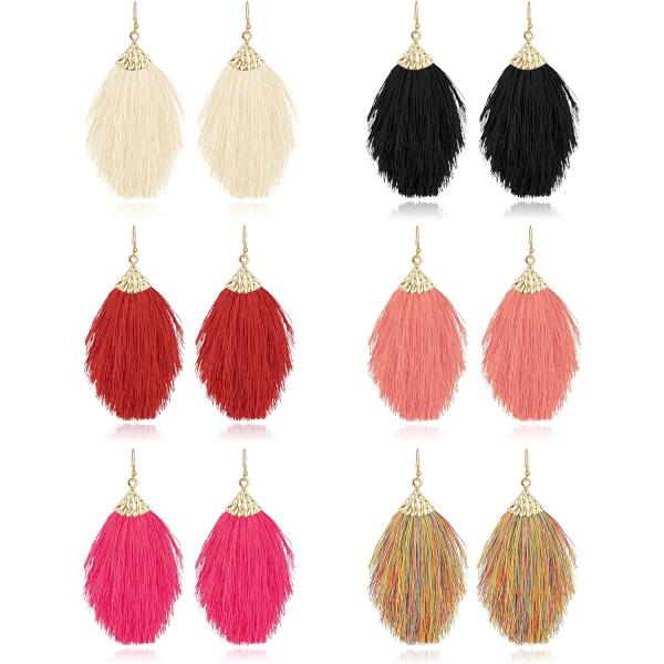 商品名Tornito レイヤードタッセル ステートメントイヤリング ボヘミアン マルチカラー ロング フェザー ティアード スレッド タッセル ファン フリンジ ダングル ドロップ イヤリング ハンドメイド レディース 6組, 未知, 宝石...