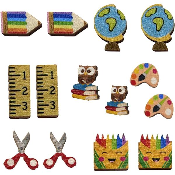 商品名木製おもしろ教師用ピアス 7組セット レディース ガールズ スクールテーマ イヤリング 教師 新学期 卒業 先生 感謝の贈り物, 木材, 宝石なしPack of 7 Pairs Wooden Funny Teacher Earring...