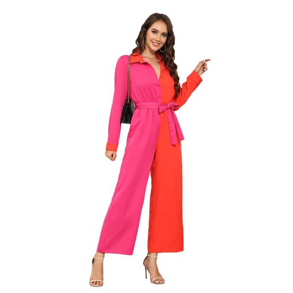 商品名:  WDIRARA Women's Colorblock Button Up Belted Jumpsuit Long Sleeve High Waist Romper Pants Hot Pink and Red Sブランド: W...